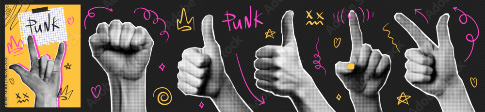 Trendy punk halftone collage hands set. Funky doodle elements. Arrow ...