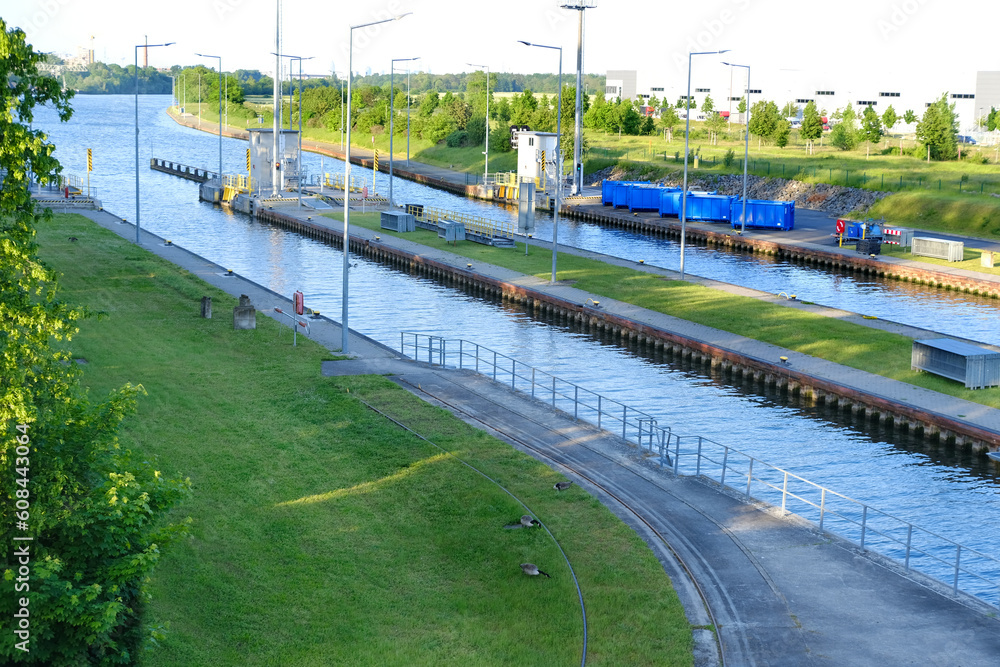 gates, close passage through narrow lock on navigable river Main in ...