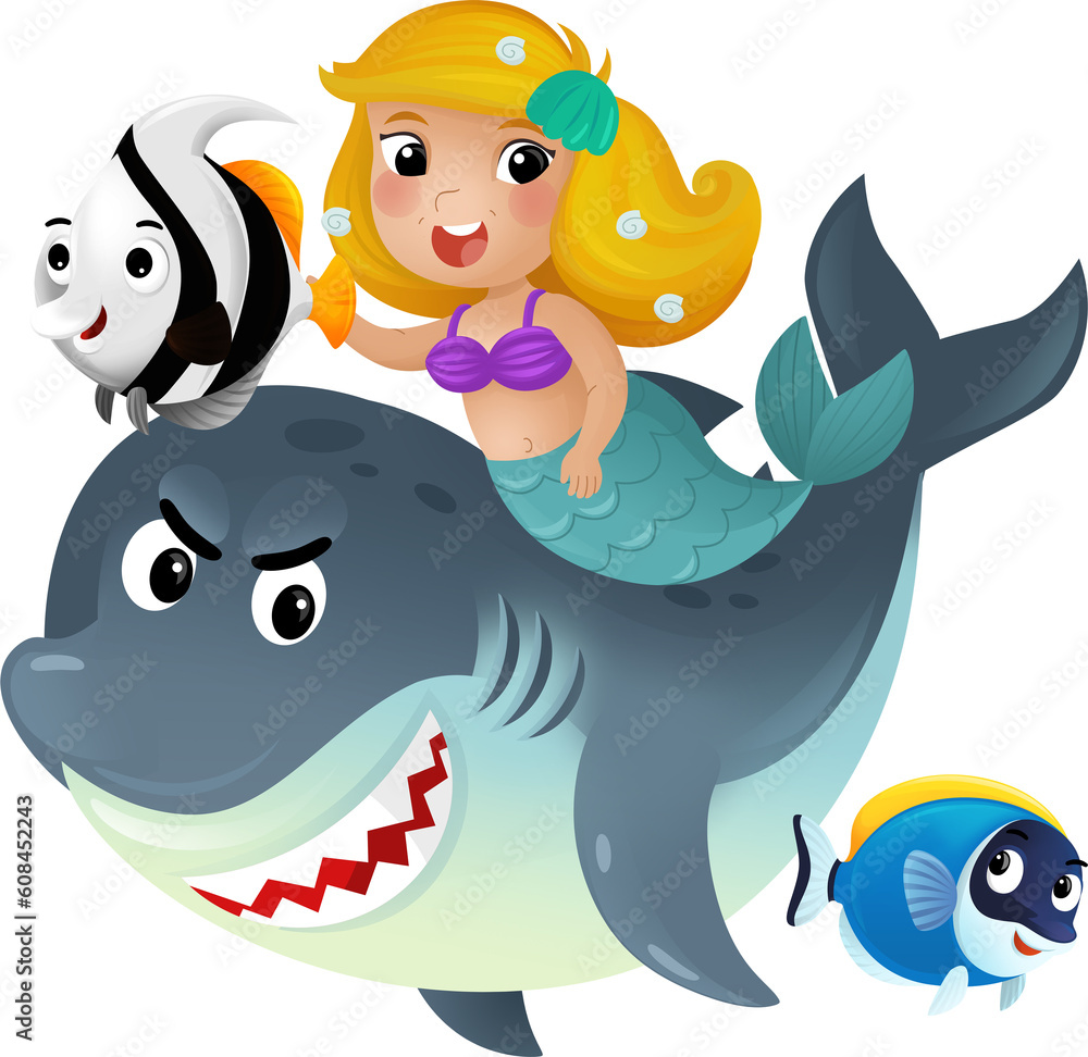 cartoon scene with mermaid princess and shark swimming together having ...