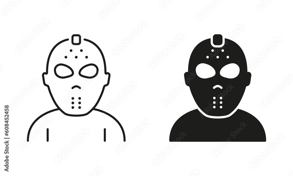 Scary Jason Mask for Halloween Party Line and Silhouette Black Icon Set ...