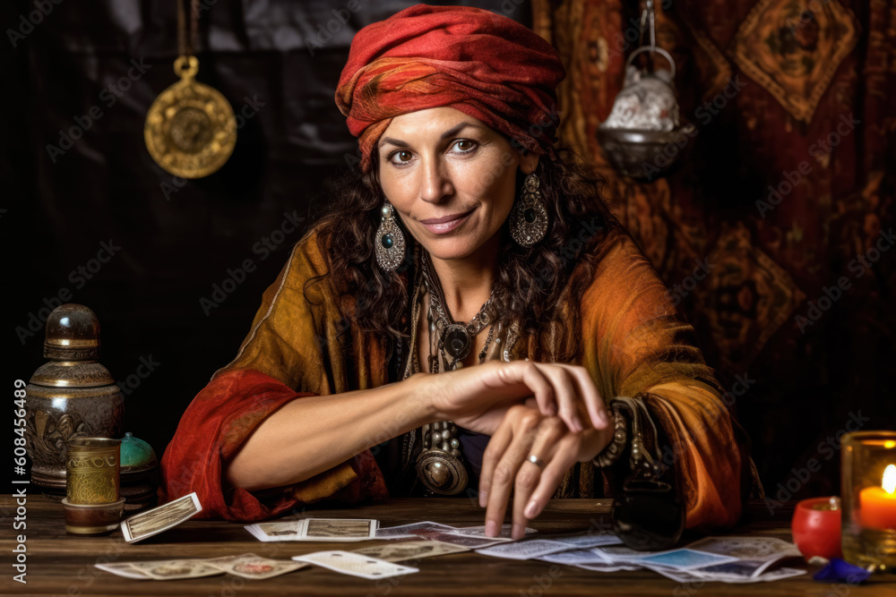 Gypsy woman fortune teller working with tarot cards, predicting future ...