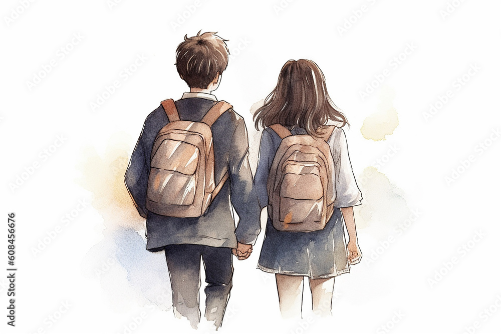 Kids walking together, back view, drawing. Generative AI Stock ...