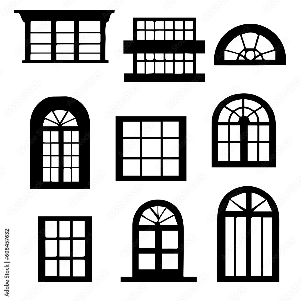 Vector illustration. Large set of Silhouettes. Window frames and ...