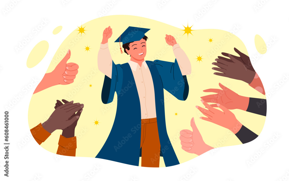 Cartoon happy young man in academic robe and cap standing on graduation ...