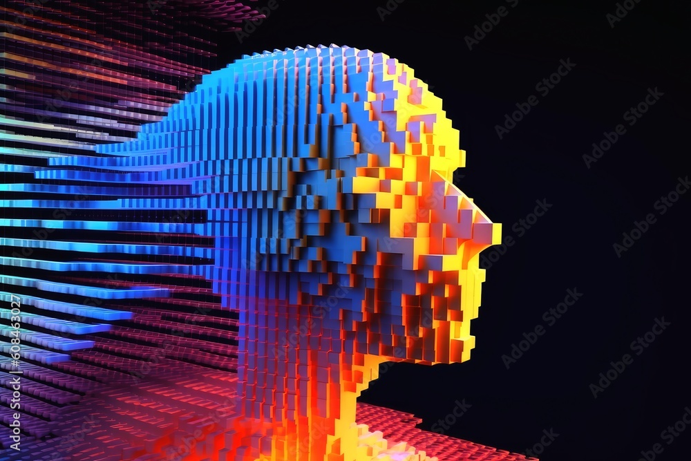 Concept of a 3D human head made of pixels created with generative AI ...