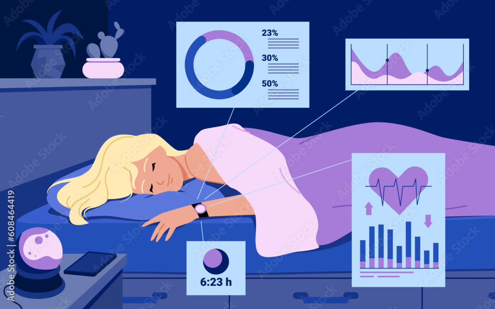 Tracking biorhythms with smart watch vector illustration. Cartoon woman ...