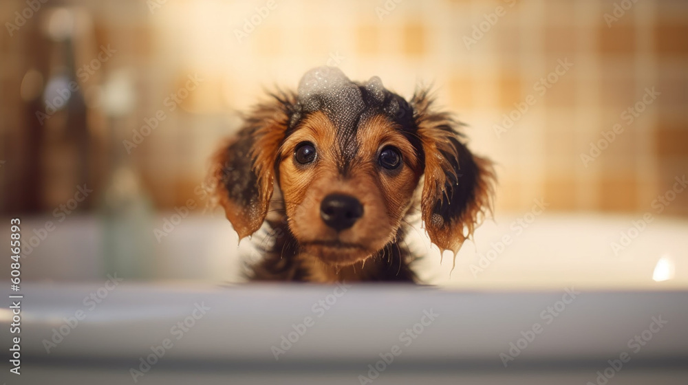 Baby puppy dog taking a bath full of soap foam created with generative AI technology Stock ...