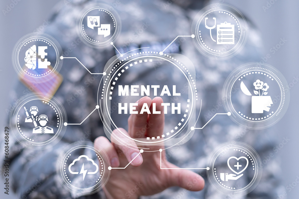 Soldier using virtual touchscreen presses text: MENTAL HEALTH. Mental ...