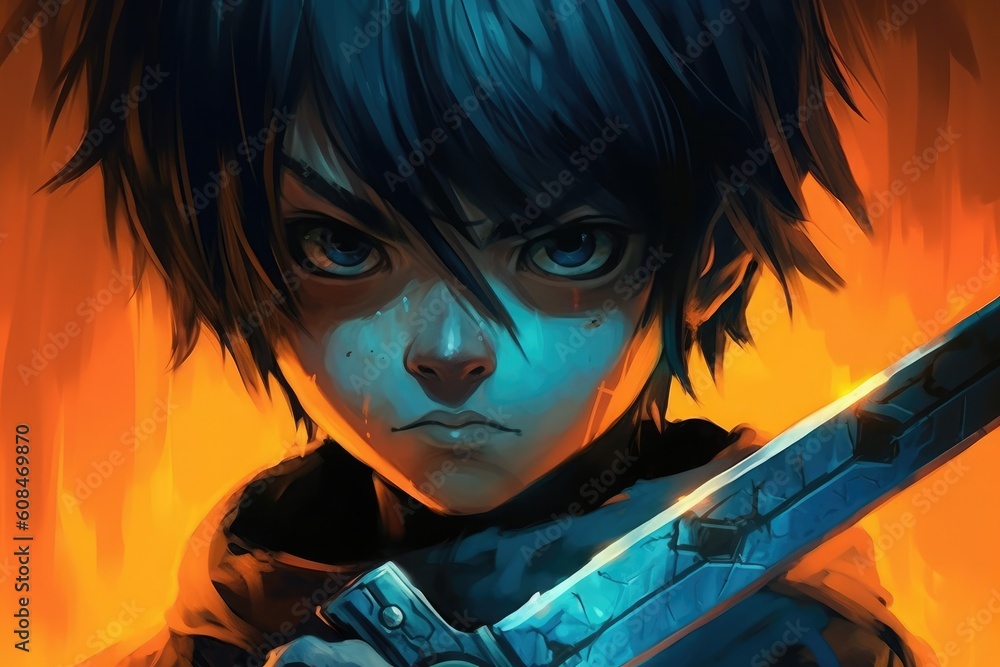 an anime character with a sword in his hands, in the style of airbrush ...