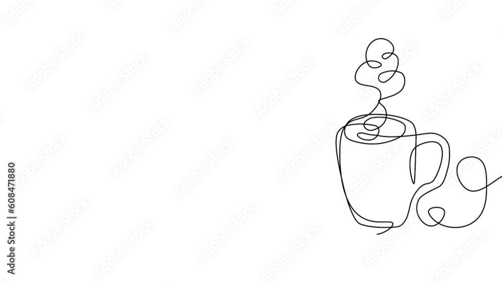 Animation in continuous line style. Moving banner with cups of hot ...