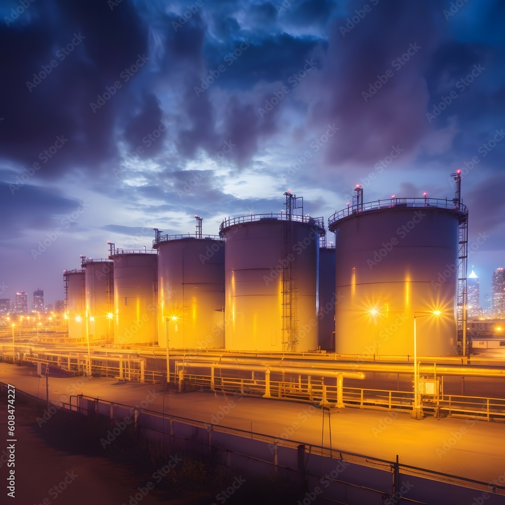 gas tank with oil refinery background at night, Business petrochemical ...