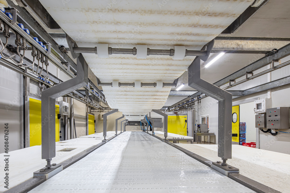Meat processing machines at meat factory. Cutting meat in ...