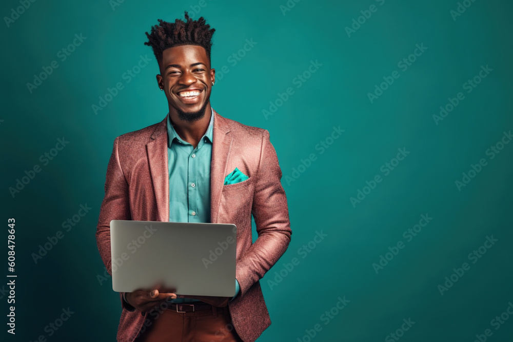 Young black man in suit uses laptop, smiling guy works on computer ...
