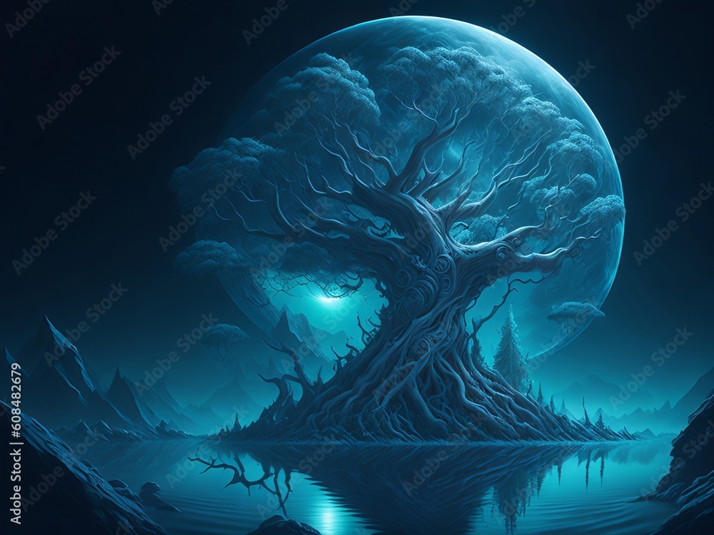 Dream fantasy magical giant tree on a floating island with water and ...