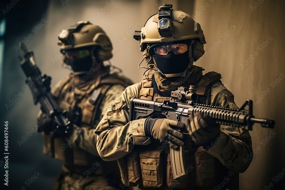 Two special forces soldiers in full gear. AI generated image ...