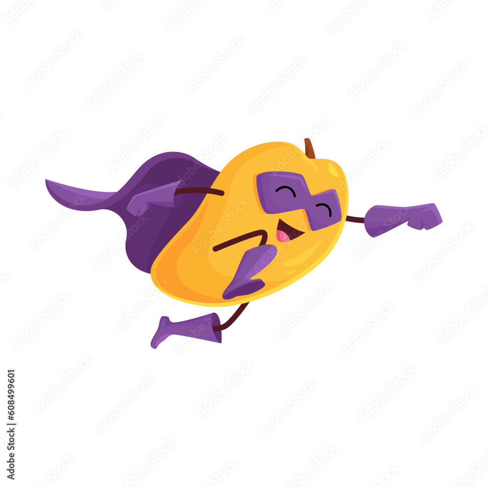 Cartoon mango fruit superhero character, vector super hero personage in ...