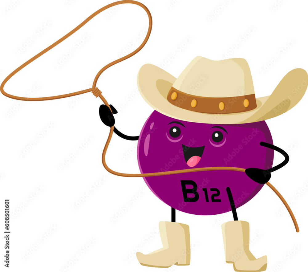 Cartoon vitamin B12 cowboy character with lasso, Wild West ranger ...