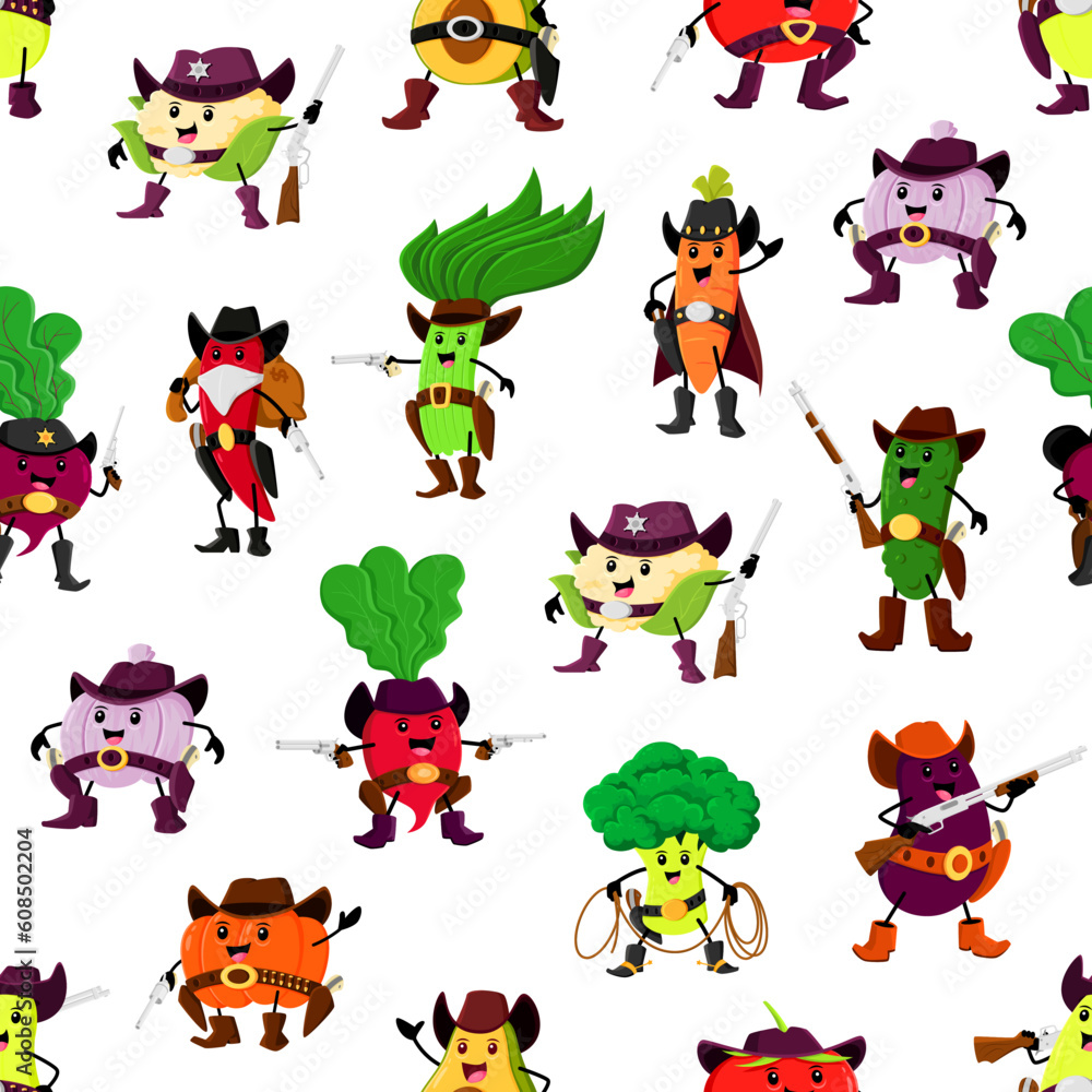 Cartoon vegetable cowboy and rangers seamless pattern. Funny Wild West ...