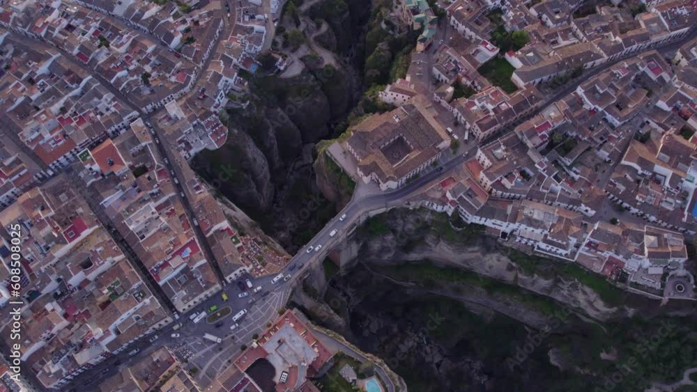 Slowly moving top down of Puente Nuevo arch bridge at the village of ...