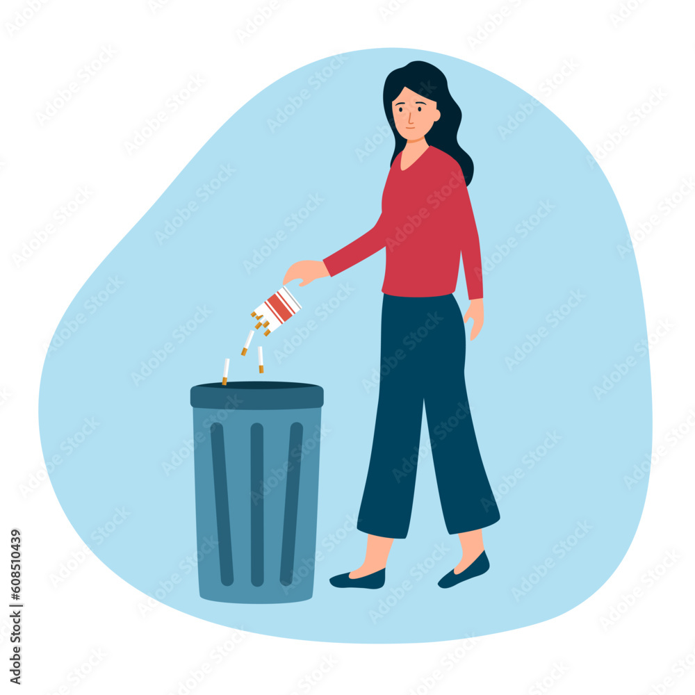 Woman throw cigarettes into trash can in flat design. Female quit ... Woman throw cigarettes into trash can in flat design. Female quit ...