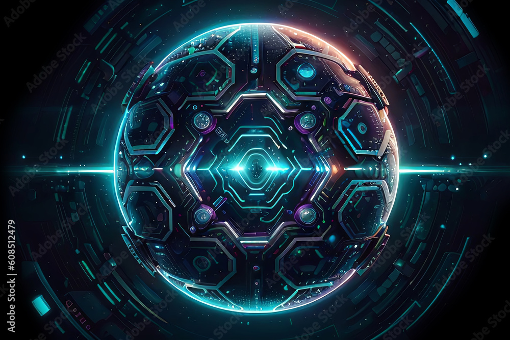 Sci-Fi Round Orb Detailed with Electronic Digital Circuits Glowing Blue ...