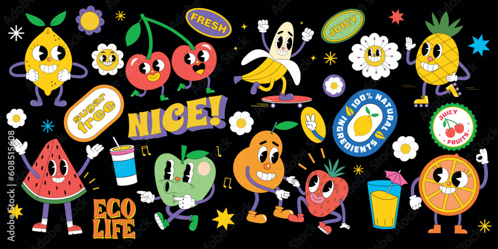 Fruit retro funky cartoon stickers. Comic character of cherry ...