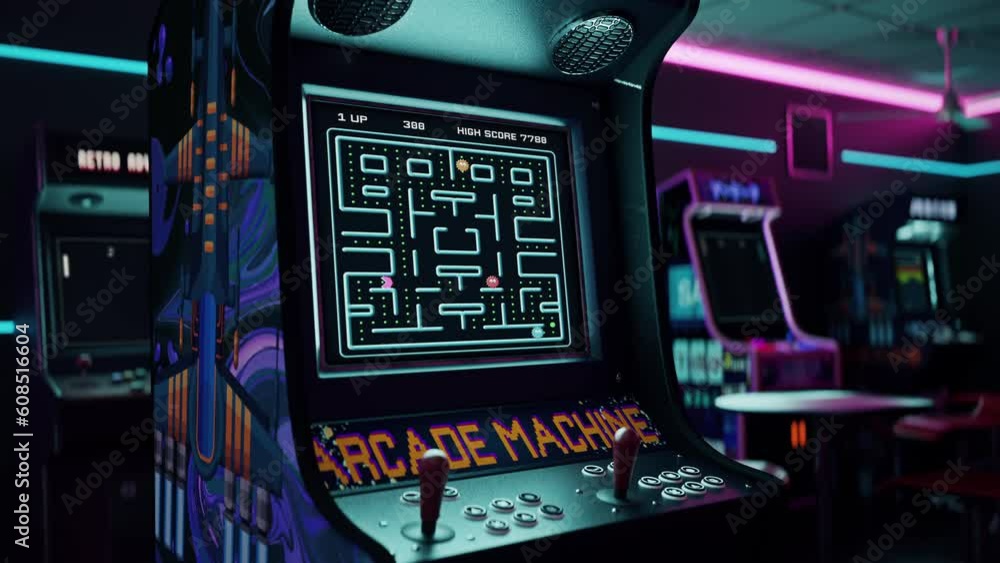 Playing the retro console game on the vintage arcade machine. Playing ...