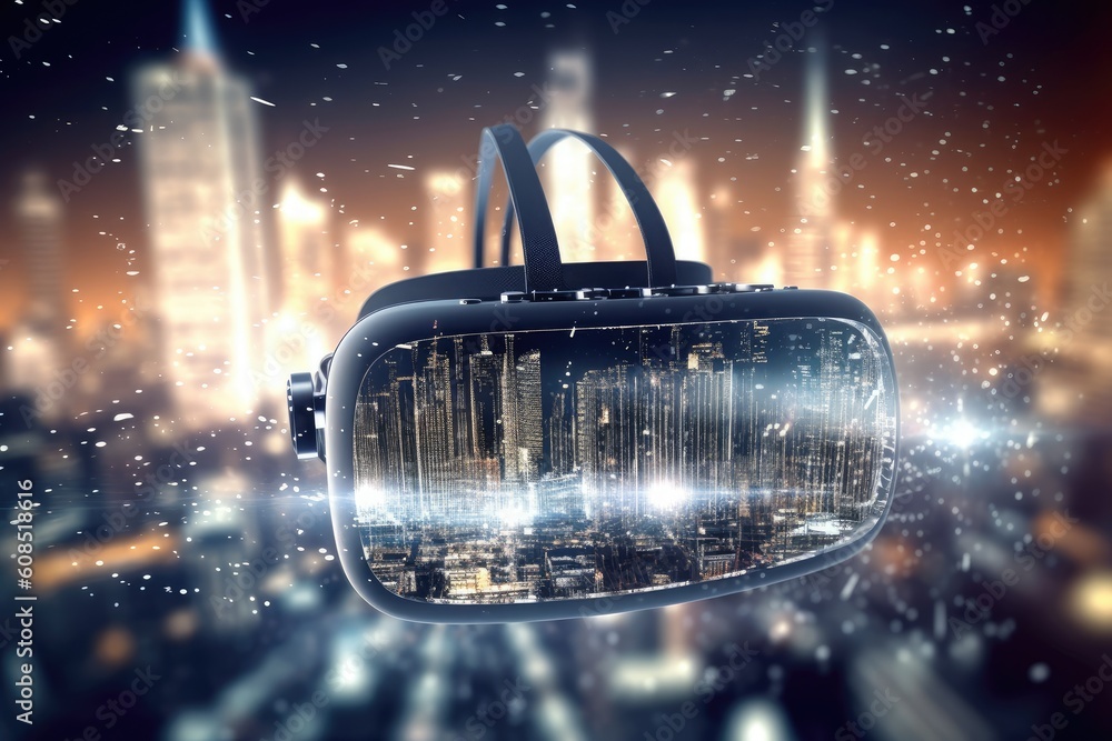 Virtual reality headset with cityscape background. Sparkle digital ...