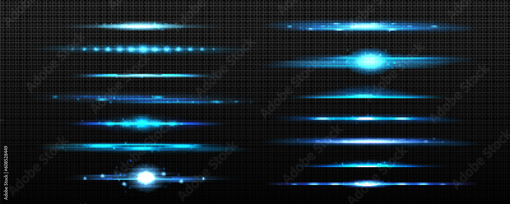 Horizontal blue sparkle light glow line divider vector. Transparent flare beam effect with neon ...