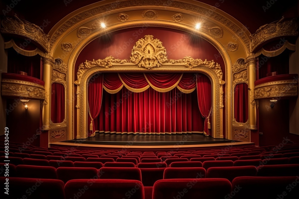 Captivating Theater Setting: A Stage with Red Curtains, Gold-Trimmed ...