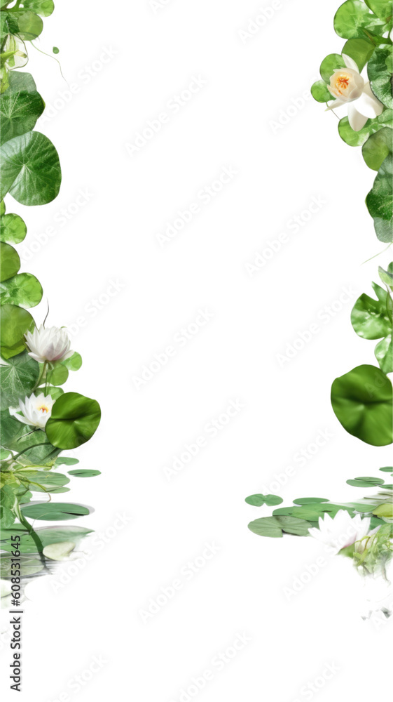 tranquil water lily pads as a frame border, isolated with negative ...