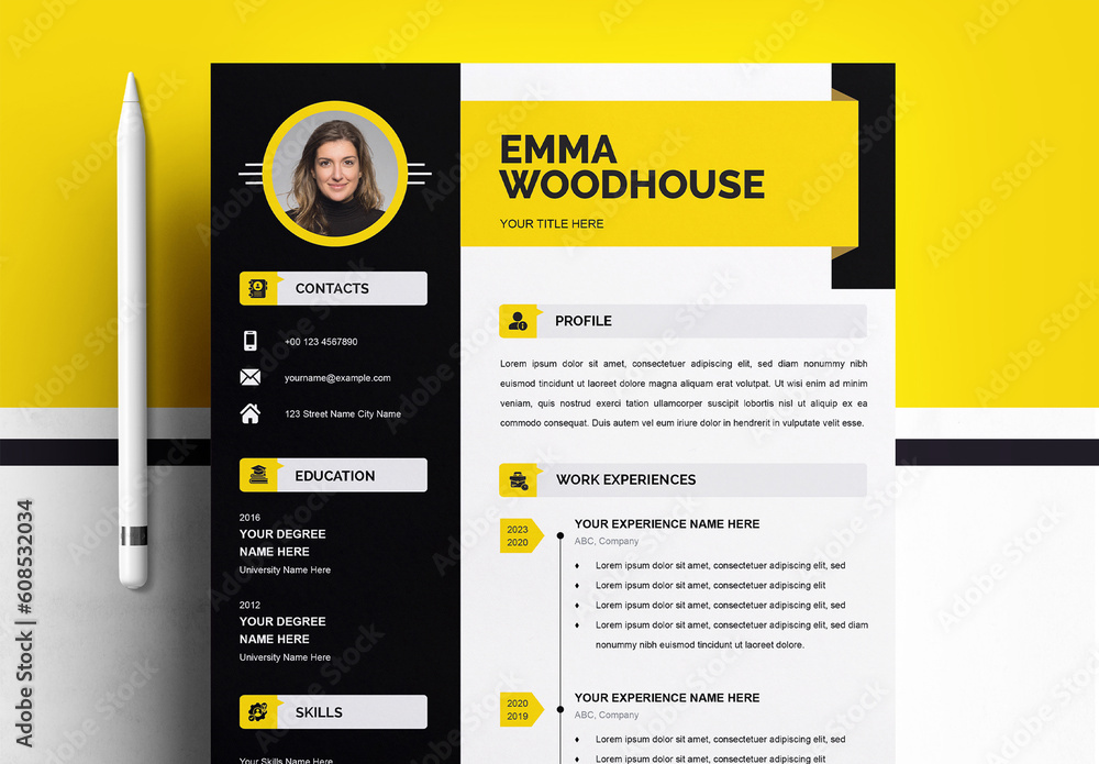 Yellow Resume Layout with Green Neon Accent Stock Template | Adobe Stock