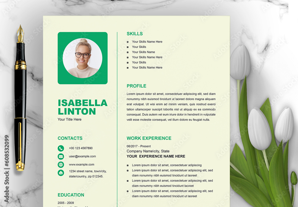 Corporate Resume Layout with green Accents Stock Template | Adobe Stock