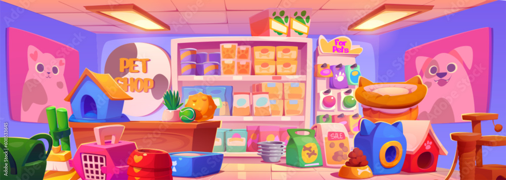 Cartoon pet shop interior with goods and furniture. Vector illustration ...