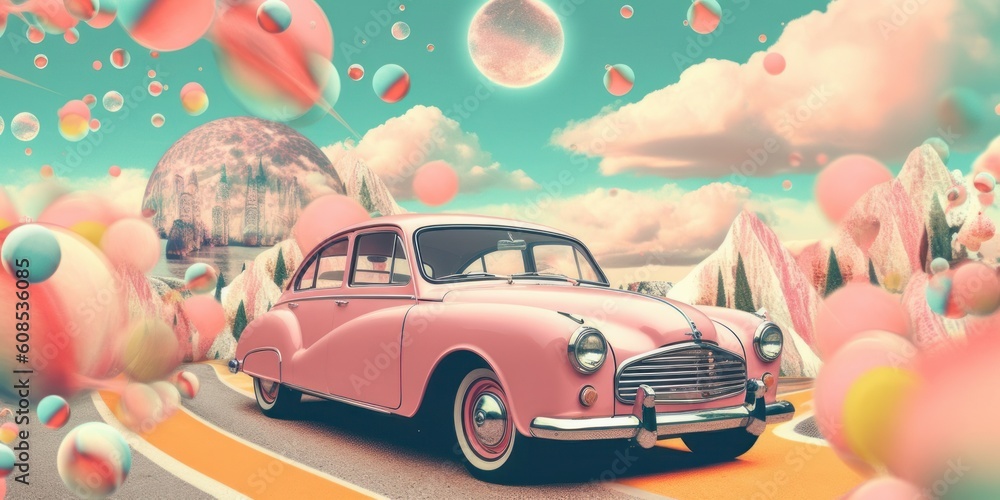 1960's style collage with retro car on dreamy summer road. Holidays ...