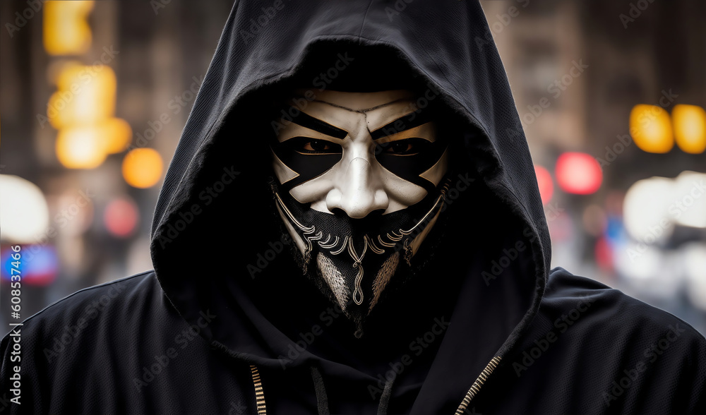 Hacker in black hoodie and guy fawkes mask that hides his face from ...