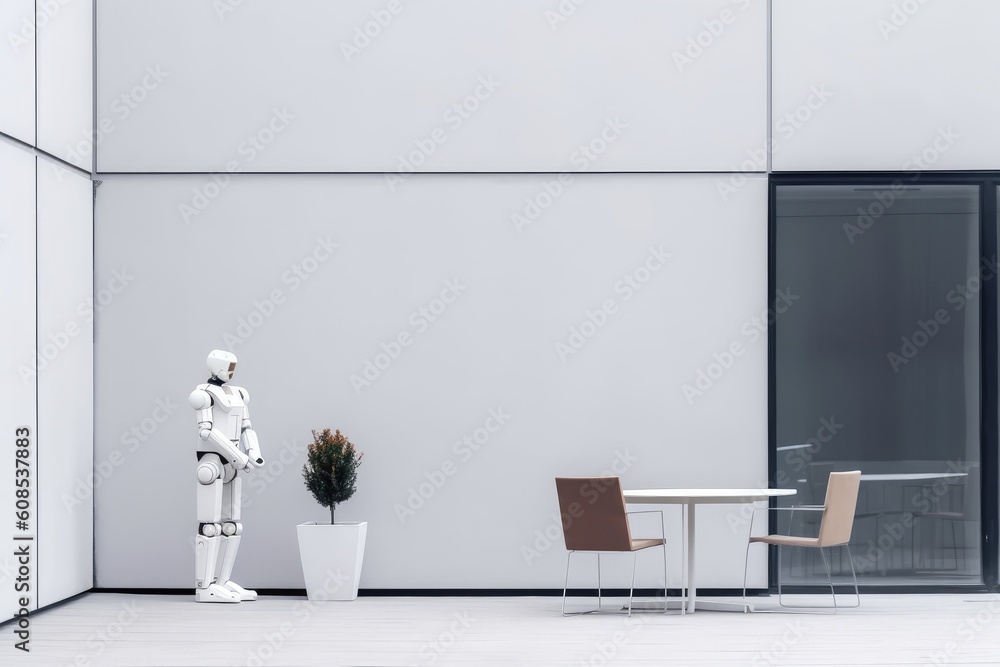 White robot working with laptop in modern white office background ...