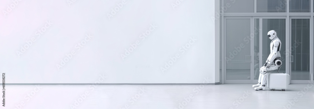 White robot working with laptop in modern white office background ...