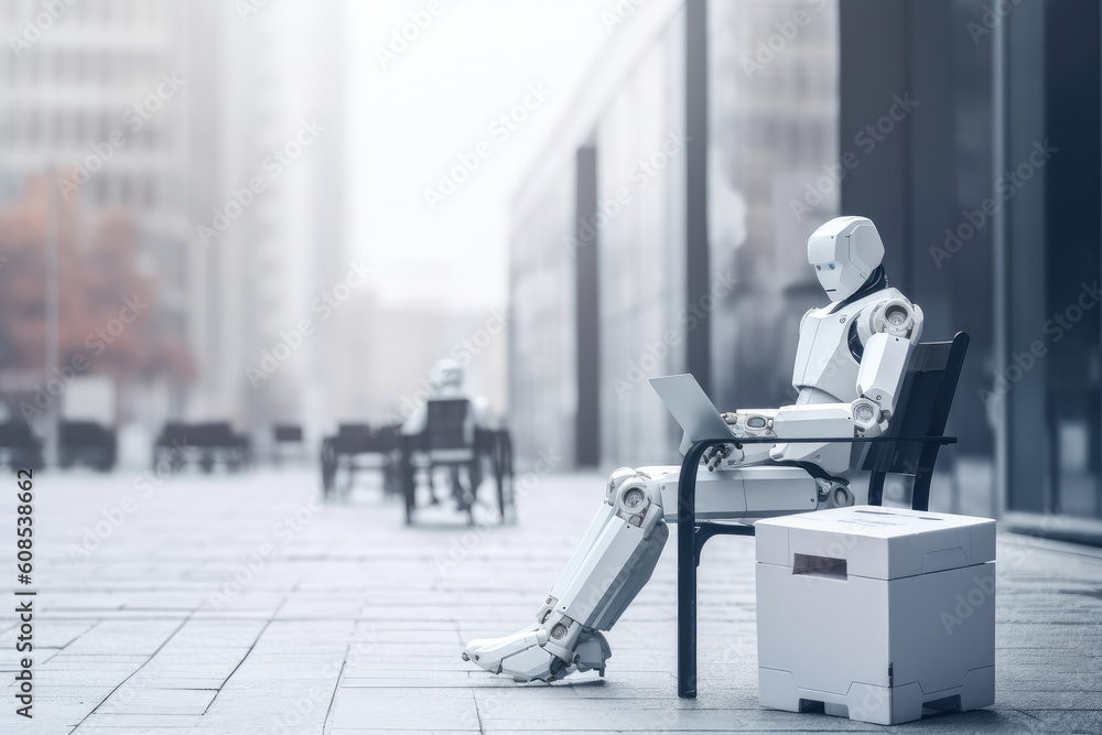 White robot working with laptop in modern white office background ...