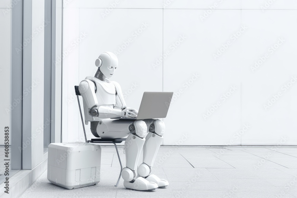 White robot working with laptop in modern white office background ...