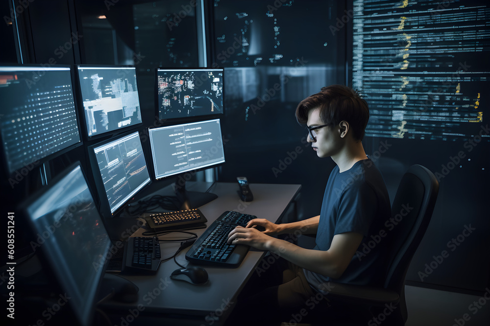 Programmer Working With Code Stats And Data Visualizations Stock