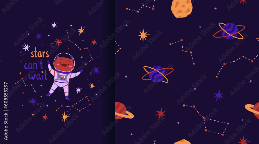 Cosmic seamless pattern and poster. Constellations and planets. Vector ...