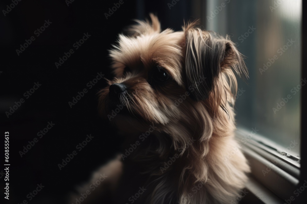 Cute little dog looking out the window at home. Dog portrait AI ...