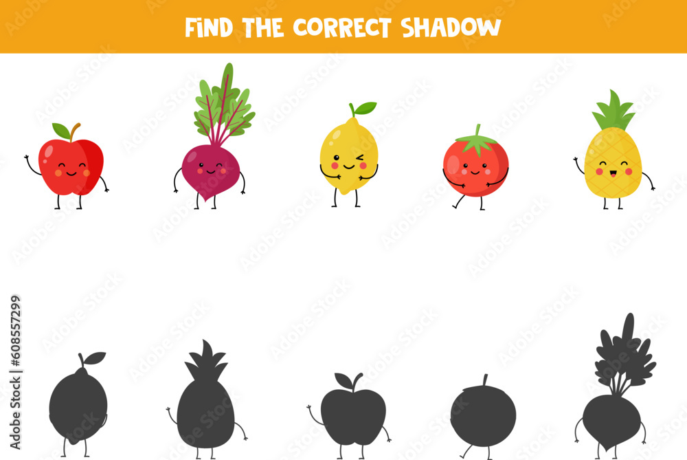 Poster Find shadows of cute kawaii vegetables and fruits – Wall Art ...