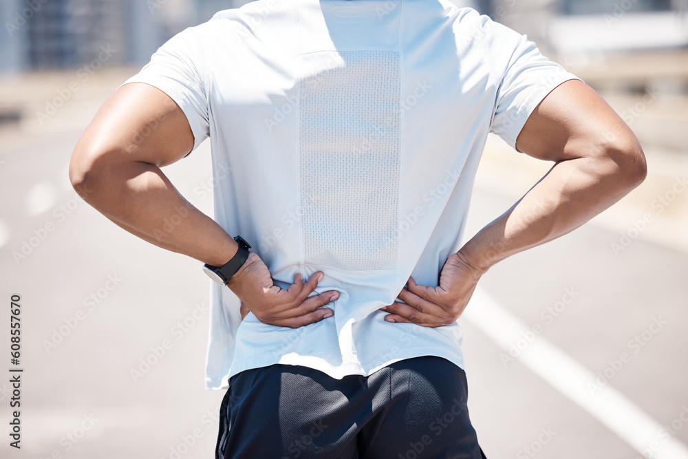 Back pain, sport injury and person with muscle, inflammation and ...