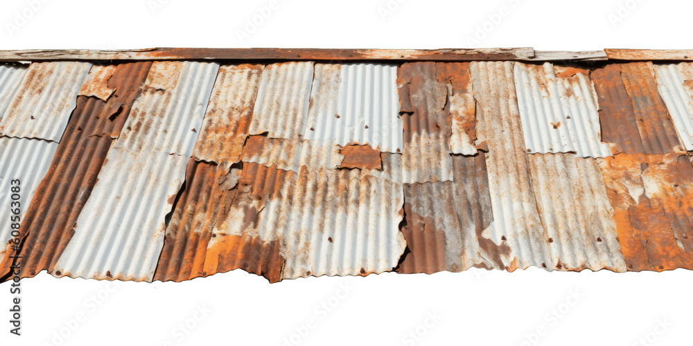 Rusty tin roof isolated on transparent background. Artistic of old and ...