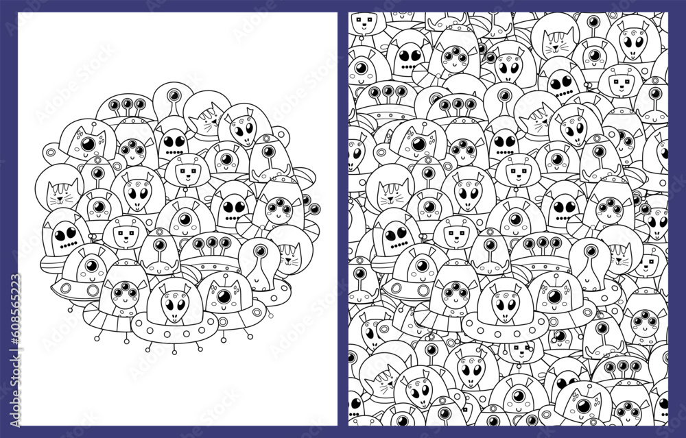 Doodle aliens coloring pages set in US Letter format. Black and white ...