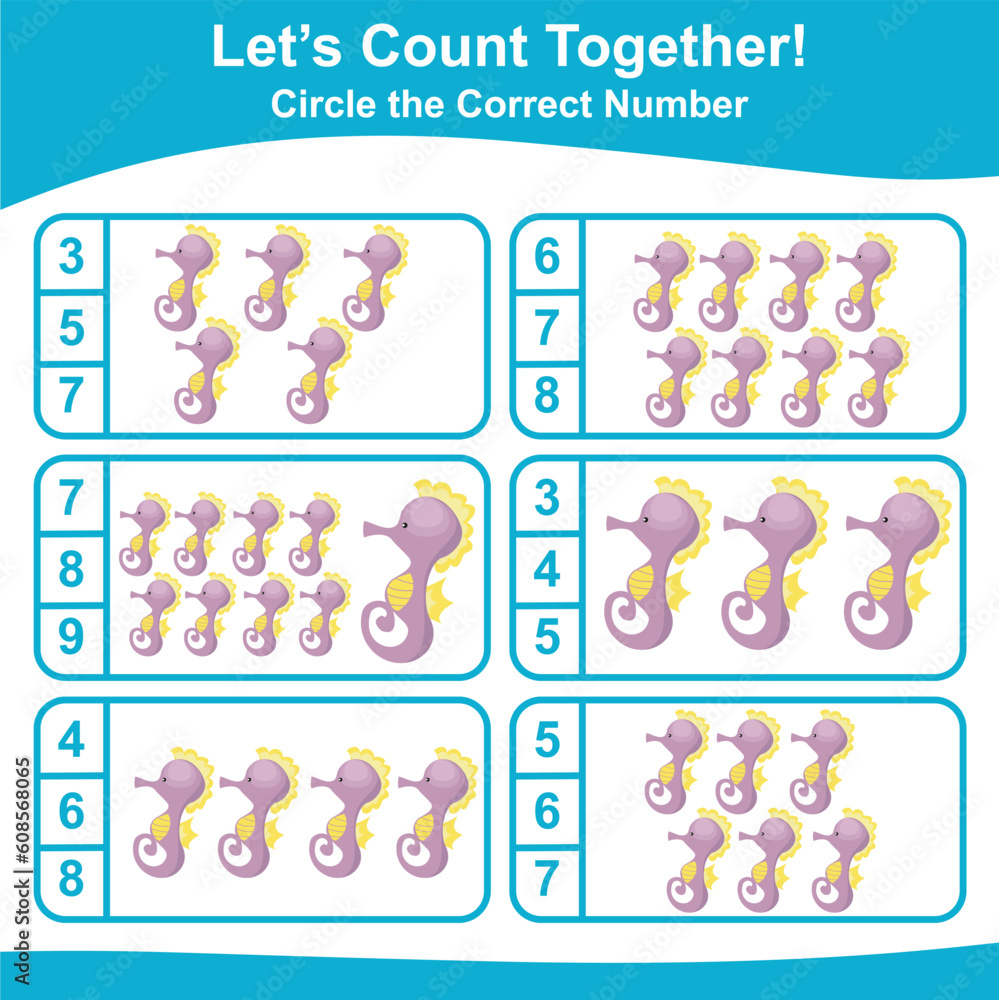 Let’s counting the seahorse together and circle the correct number on ...