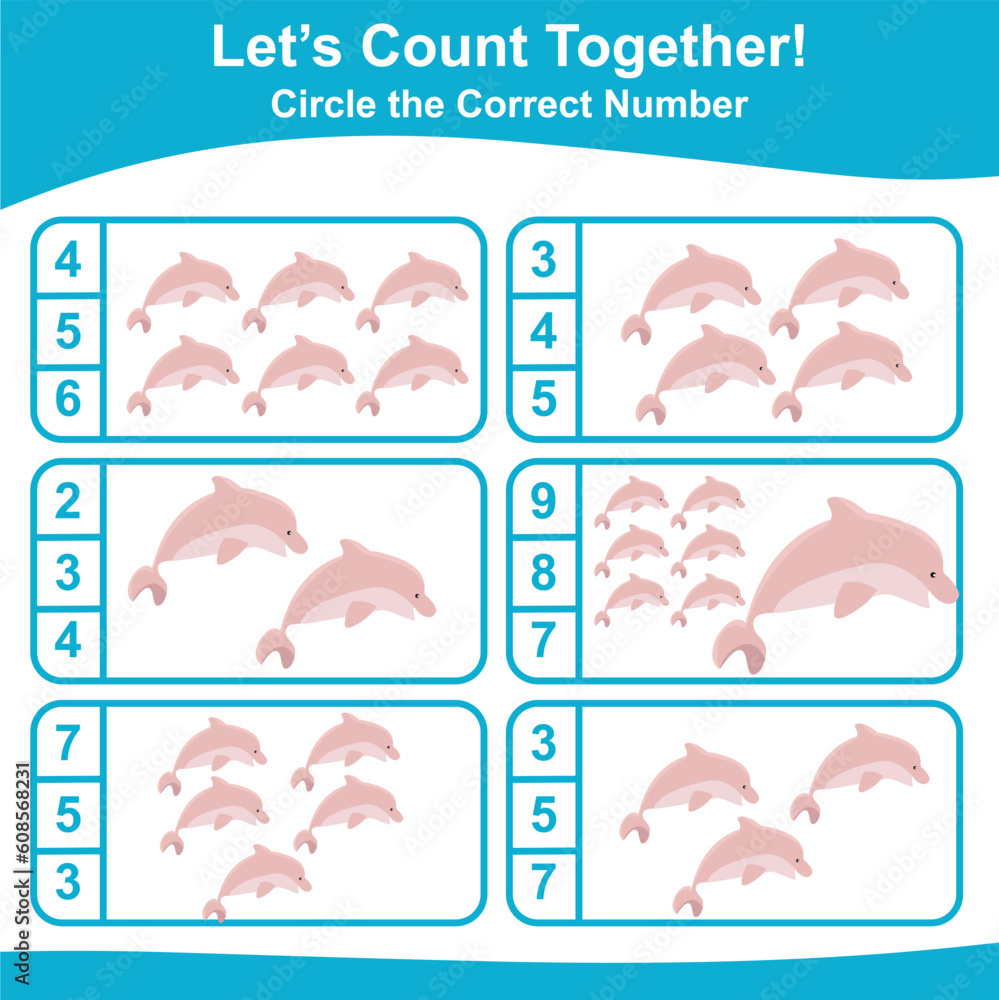 Vetor de Let’s counting the dolphins together and circle the correct ...
