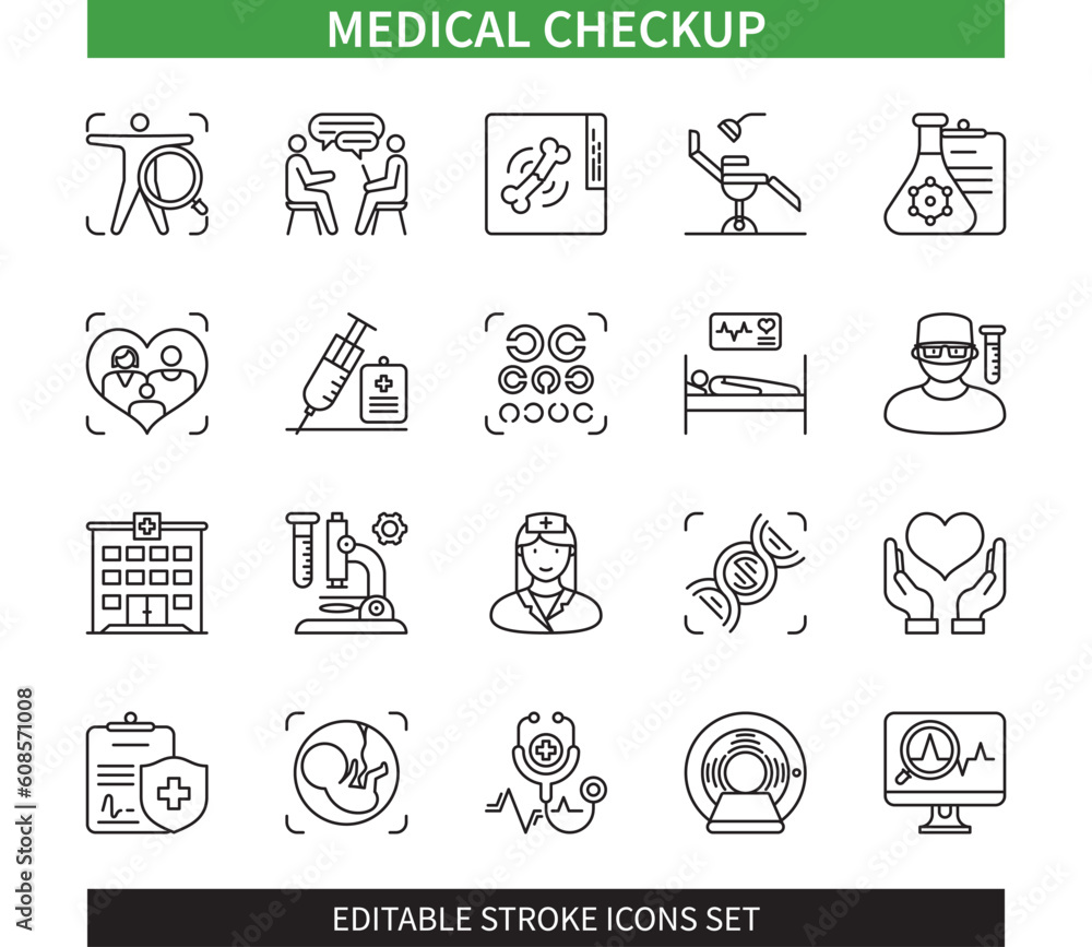 Editable line Medical checkup outline icon set. Diagnosis, examination ...
